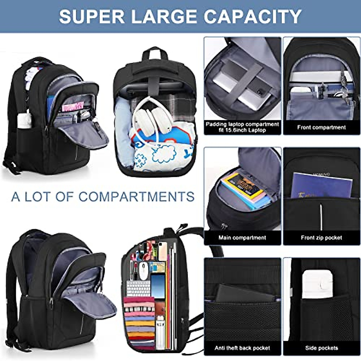 MOMUVO Backpack for Men, Lightweight School Backpack for Teen Boys Students, Large Bookbags 15.6 inch Laptop Bag with USB Charging port for College Business Travel, Black