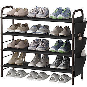 SUOERNUO Shoe Rack Storage Organizer 4 Tier Free Standing Metal Shoe Shelf Compact Shoe Organizer with Side Bag for Entryway Closet Bedroom,Bronze