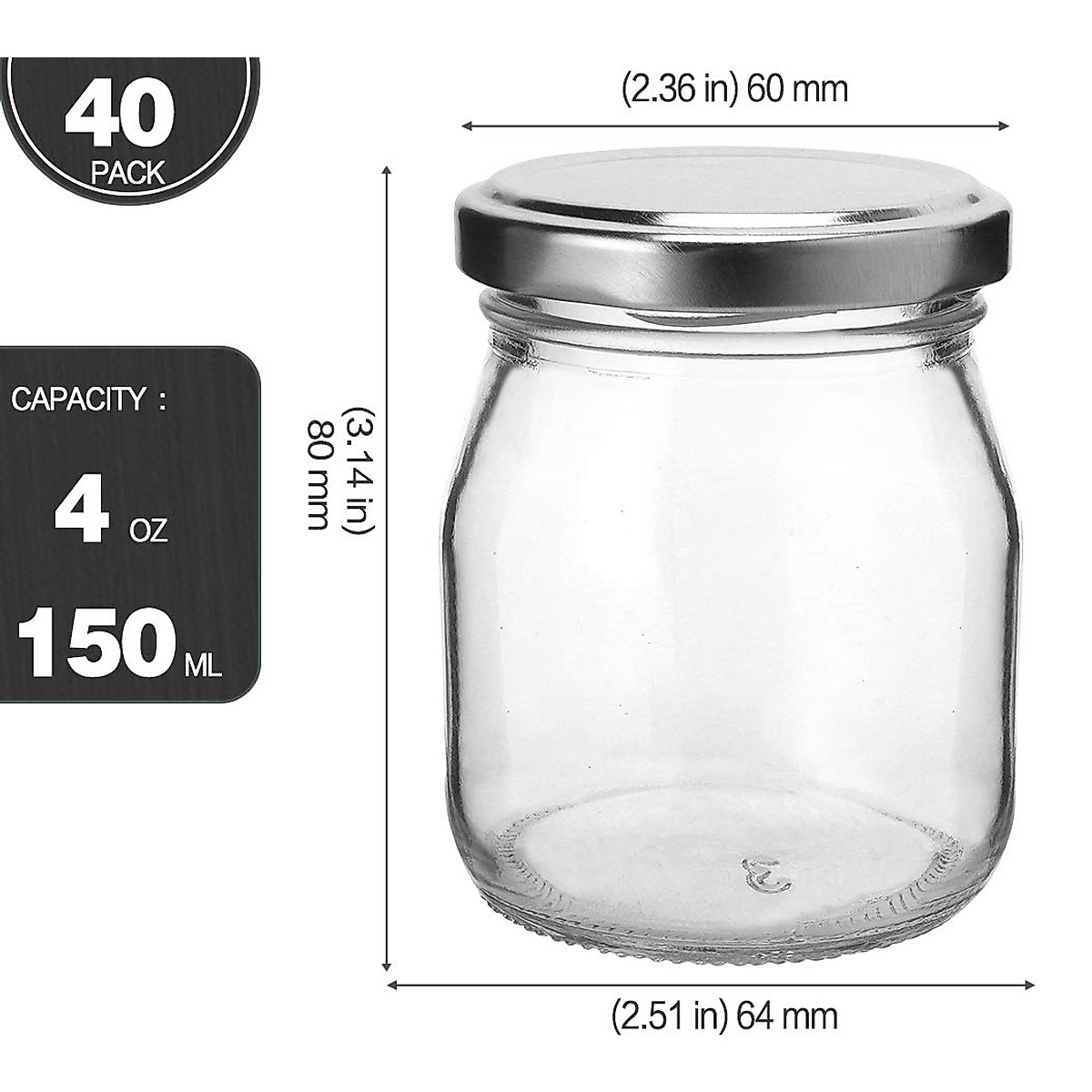 KAMOTA Glass Jars, 40 PACK 4 oz Clear Yogurt Jars With Silver Lids, Glass Pudding Jars Yogurt Jars Ideal for Jam, Honey, Wedding Favors, Shower Favors(150ml)