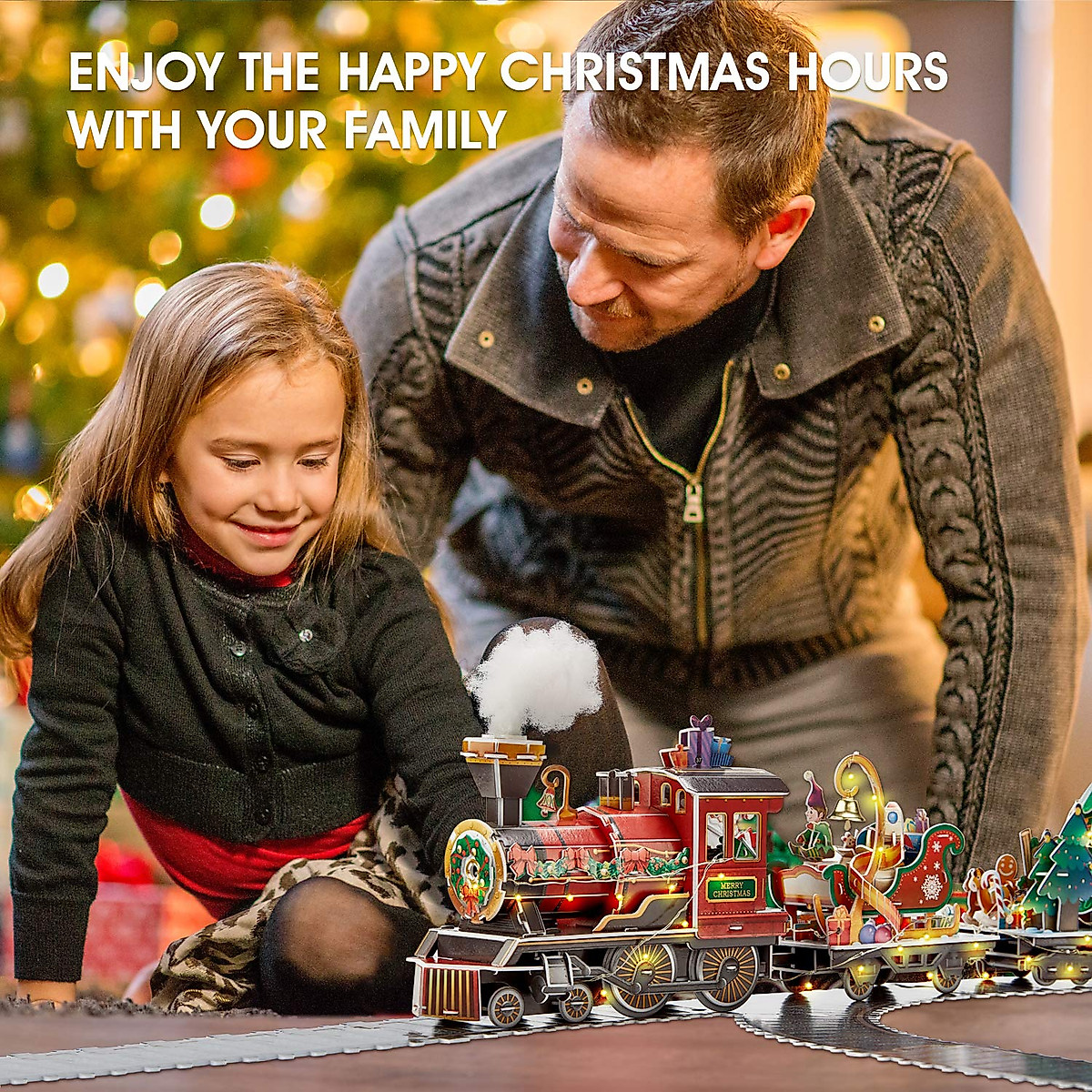 3D Puzzles for Adults Kids LED Christmas Train Sets for Under Christmas Tree, Musical Steam Santa Express Christmas Decorations with Lights, Christmas Decor Model Kit, Gifts for Women Men, 218 Pieces