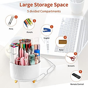 Desk Pencil Pen Holder, 5 Slots 360°Degree Rotating Pencil Pen Organizers for Desk, Desktop Storage Stationery Supplies Organizer, Cute Pencil Cup Pot for Office, School, Home, Art Supply, White
