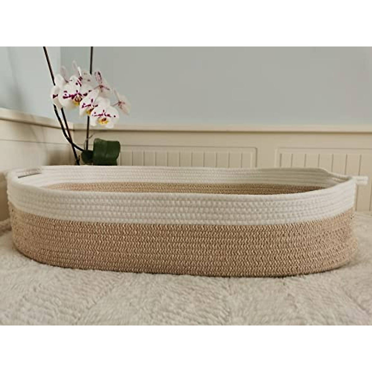 Lovely Nursery Baby Changing Basket Moses Basket 100% Cotton Rope and 1.2€ Thick Foam Pad with Removable Cover Change in Style and Comfort Beige/White Set