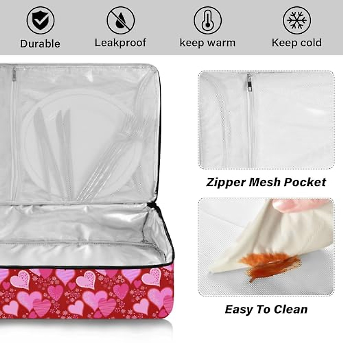 Kcldeci Insulated Thermal Food Carrier Insulated Casserole Carrier for Hot or Cold Food,Red Heart Valentin's Day Insulated Tote Bag for Potluck Cookouts Parties Picnic,Lasagna Lugger