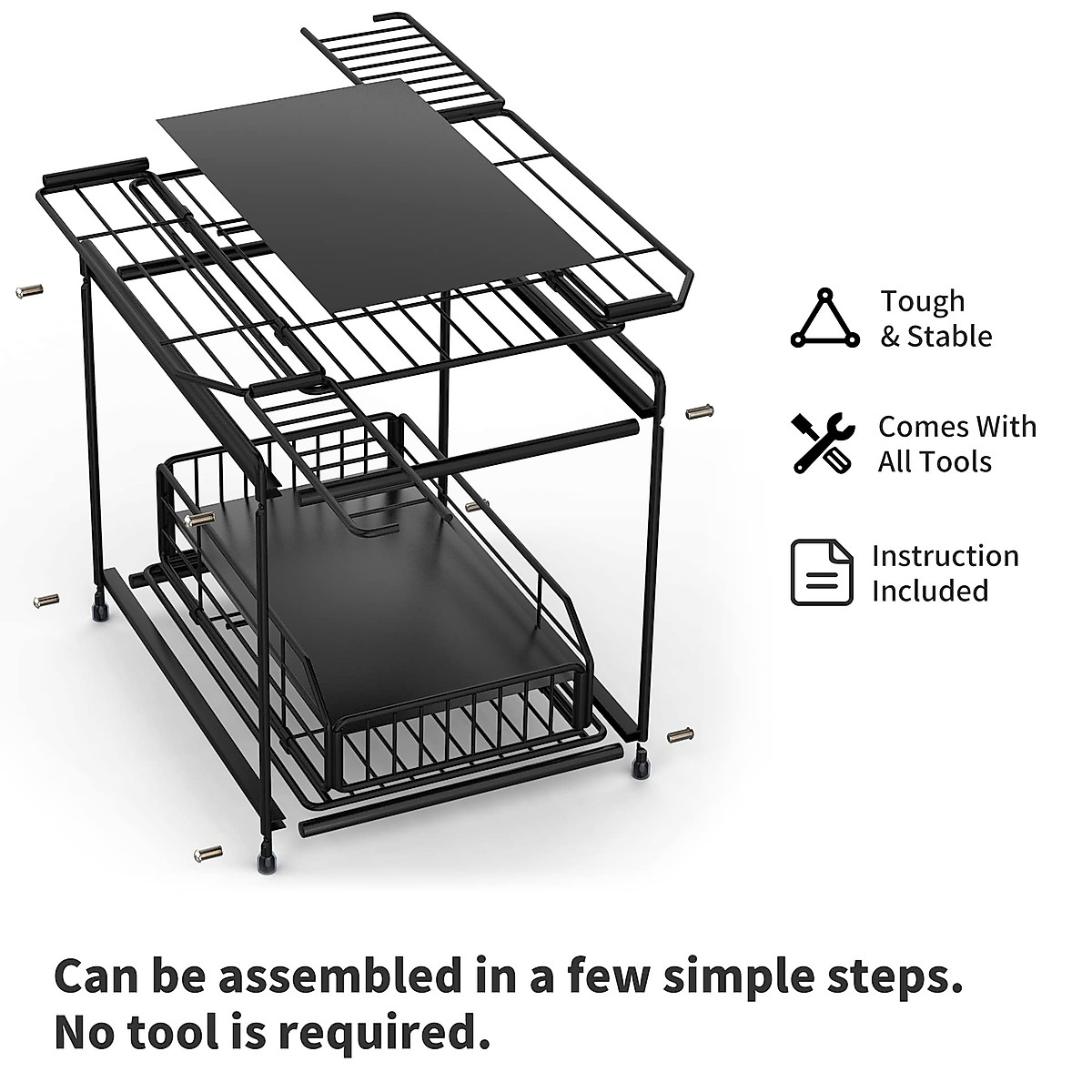 STILLDIO Metal Under Sink Organizer and Storage with 2 Tier Slide Out Wire Baskets Sliding Drawers for Kitchen Bathroom Office Toilet Under Cabinet Shelf Countertop Heavy Duty Collection Space Saver