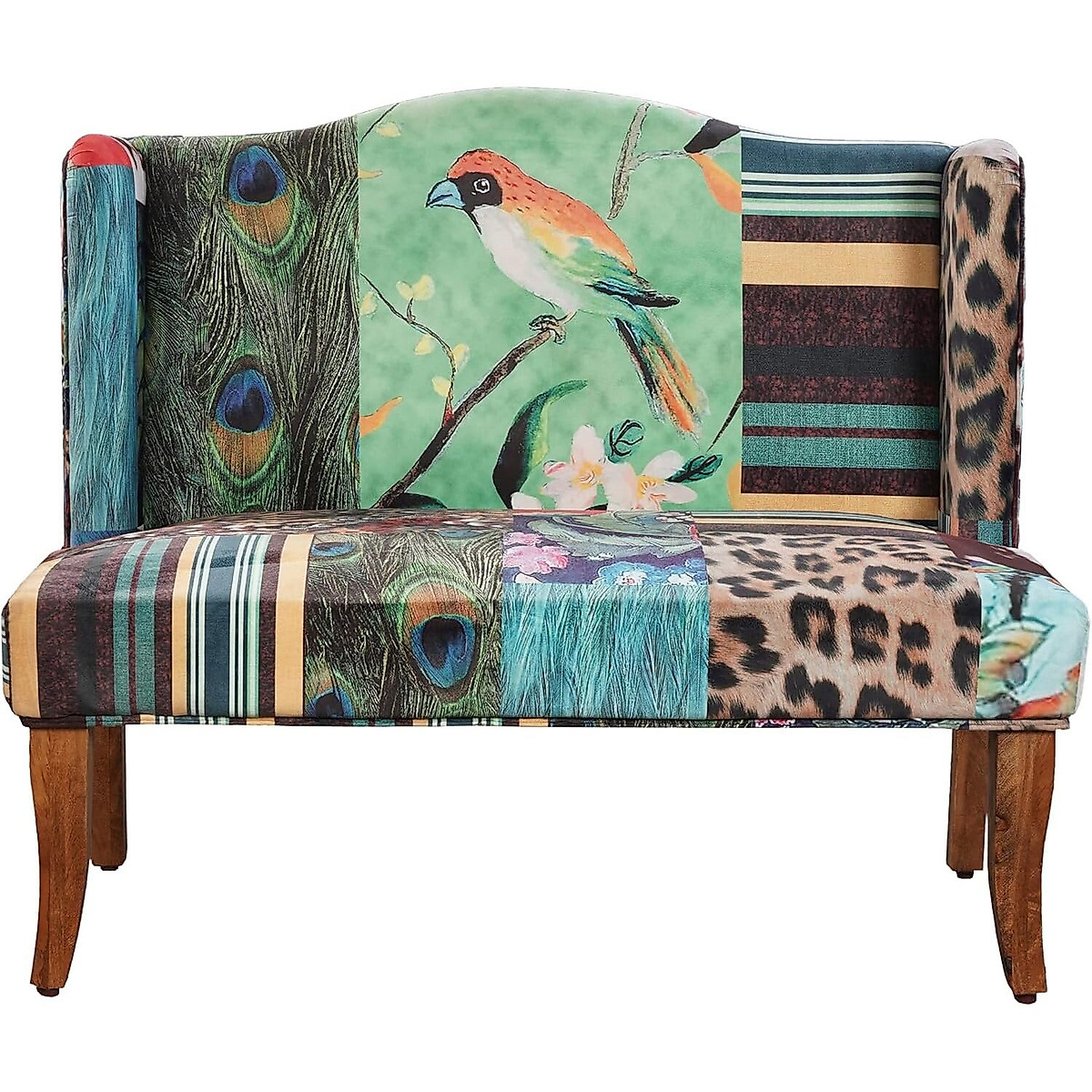 Maykoosh Modern Motifs Bird Collage Print Settee with Plush Velvet Upholstery, Adjustable Foot Pads, and Sturdy Wood Frame - 38” H for Vibrant Living Room or Hallway Seating