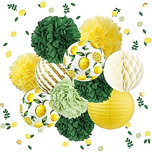 AOBKIAT Wedding Party Decorations Set, 12 PCS Yellow Green White Lemon Pattern Paper Lanterns and Pom Poms Flowers with Lemon Confetti for Neutral Baby Shower, Vintage Party, Birthday, Bridal Showers