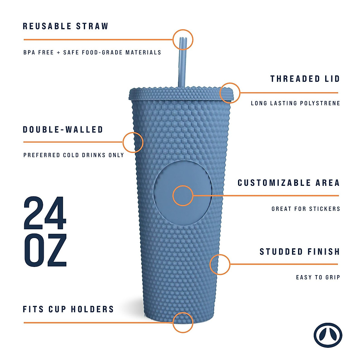 Hogg 24oz Studded Tumbler - Grey, Iced Coffee Cups with Lids Reusable, 24 oz Tumbler with Lid and Straw, Venti Reusable Iced Coffee Cup, Bling Cup, DIY Circle for Vinyl or Stickers, Grey Tumbler