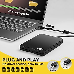 Floppy Disk Reader, External USB 2.0 & Type C Floppy Disc Reader, Portable 3.5 inch 1.44 MB Floppy Disk Drive for PC Laptop and Desktop with Windows 11/10/8/7/XP