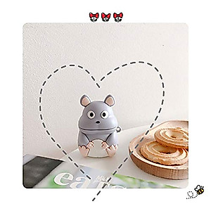 ICI-Rencontrer Compatible with Earbuds Case Airpods 1 & 2, Kids Girls Women 3D Cute Vivid Distinctive Grey Hippo Mice Animals Design Wireless Charging Earphone Soft Silicone Shockproof Protector Hook