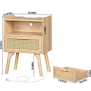 Lerliuo Rattan Nightstand with Charging Station, Boho Side Table with Drawer Open Shelf, Cane Accent Bedside End Table with Solid Wood Legs for Bedroom, Dorm and Small Spaces