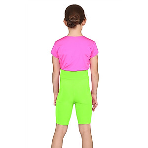 Janisramone Girls High Waisted Cycling Shorts Kids Plain Microfiber Gymnastics Dance Shorts Neon Green