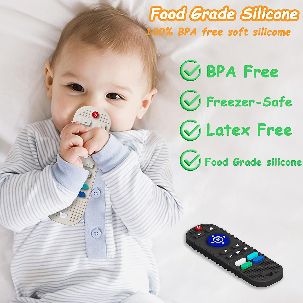 Mgtfbg 2 Pack Soft Silicone Teething Toys for Toddlers, Babies, Boys, Girls, 6-12 Months Baby Remote Control Shape Molar Teether Chew Toys Set Gift（Black+Grey）