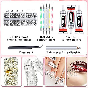 B7000 Rhinestone for Glue, 3 PCS 25ml Craft Adhesive Glue for Crafts with 3000pcs Flatback Rhinestones Gems with Picker Tool Wax Pencil Fabric Glue for Nail Art Bead Jewelry Making Clothes Shoe Bags