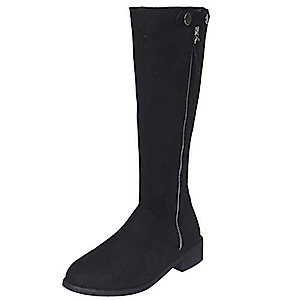 Fheaven Women's Flock Side Zip Knee High Boots Buckle Low Heel Casual Middle Tube Booties