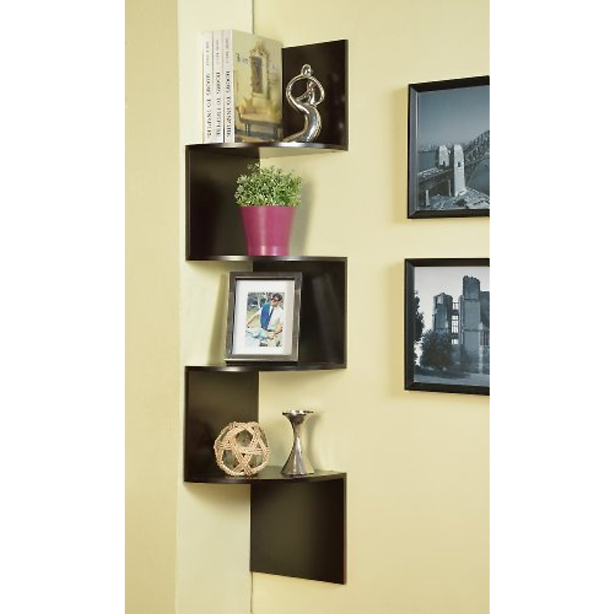 Kings Brand Espresso Finish Corner Zig Zag Hanging Wall Shelf