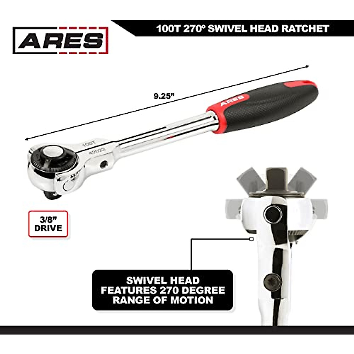 ARES 42022 – 3/8-Inch Drive 100-Tooth Swivel Head Ratchet - 270 Degree Swivel Action - Comfort Grip TPR Handle - Quick-Release Head Design – Chrome Vanadium Steel Construction – Mirror Polish Finish