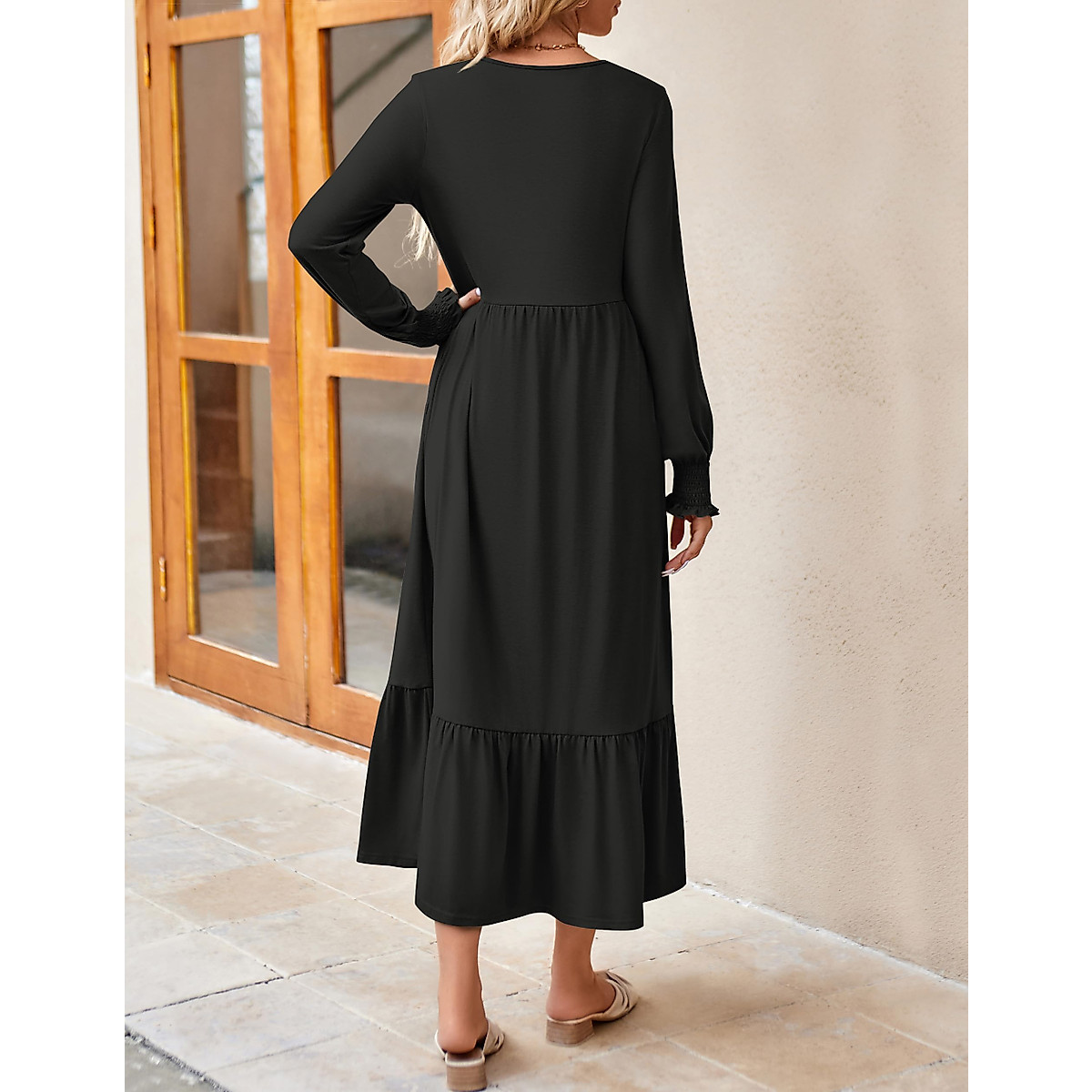 ZESICA Women's Spring Long Sleeve Dress 2025 Crewneck Casual Loose Pleated Tiered Swing Midi Dresses with Pockets,Black,Large