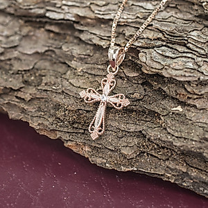 Honolulu Jewelry Company 14K Rose Gold Cross Necklace Pendant with Diamond and 18" Box Chain