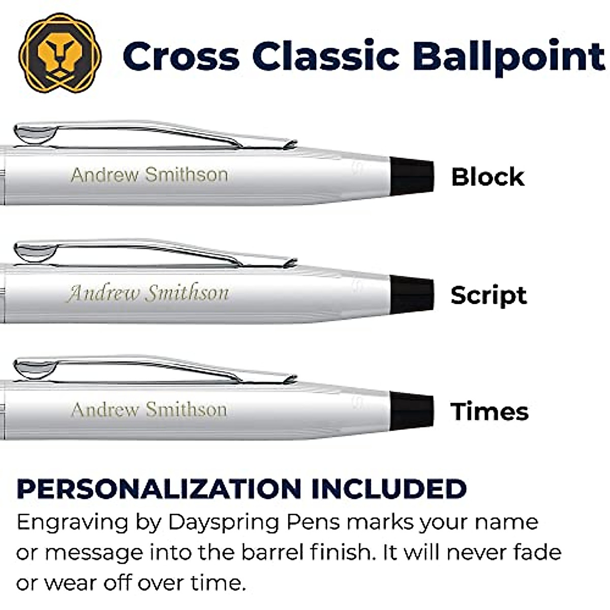 Dayspring Pens Personalized Cross Pen | Engraved Cross Classic Century Pen Lustrous Chrome Ballpoint Gift Pen, Custom Engraving Executive Gift Pen.