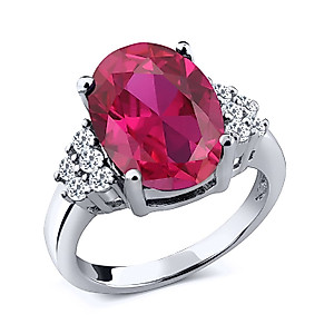 Gem Stone King 925 Sterling Silver Red Created Ruby and White Topaz Engagement Ring For Women (5.40 Cttw, Oval 12X10MM, Available In Size 5, 6, 7, 8, 9)
