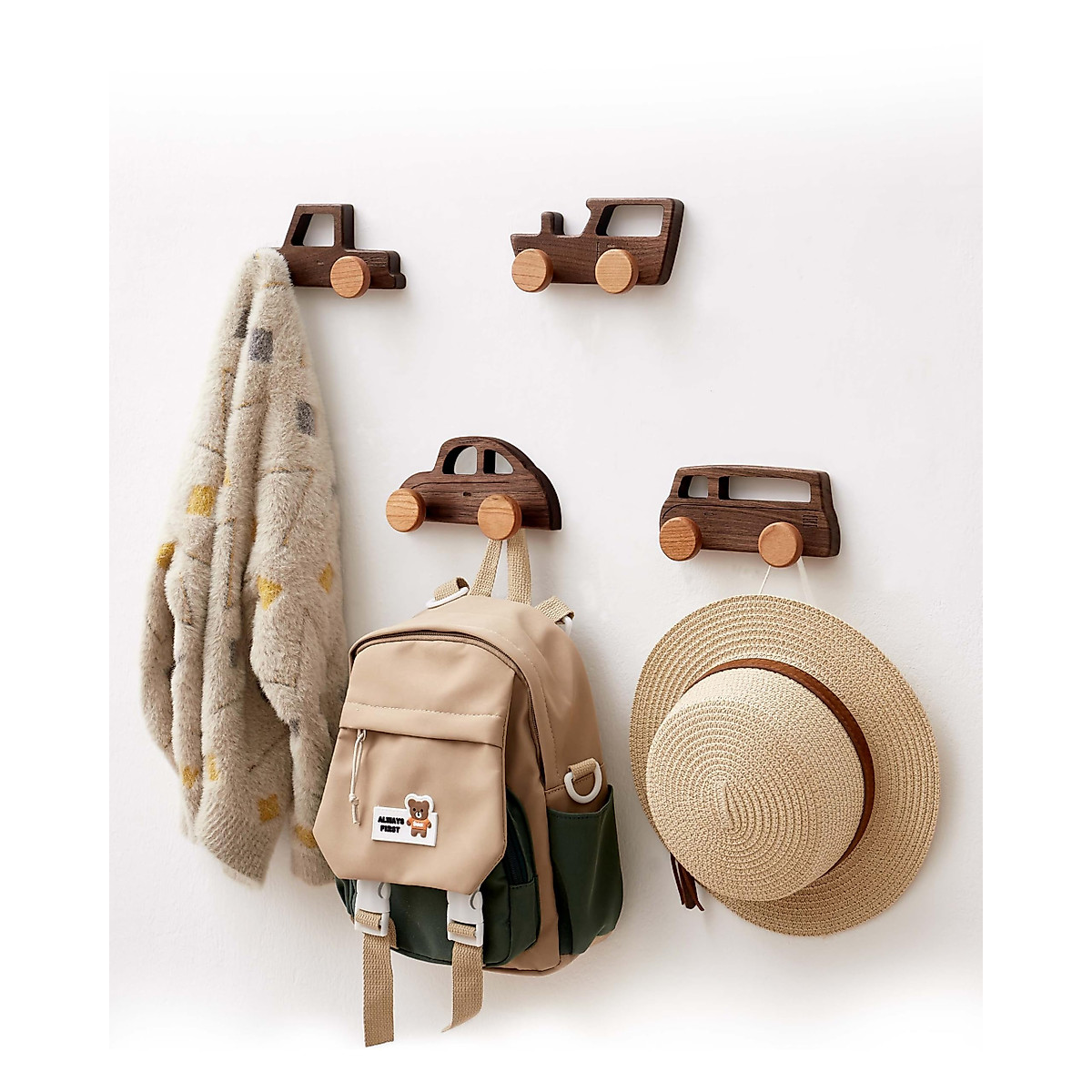 Vinoil Kids Coat Hooks Wall Mount, Walnut Car-Shaped Coat Rack Heavy Duty for Bathrooms,Kids’ Room,Door,Nursery,Entryway, 4 Pack Wood Wall Hooks for Hanging Hats,Backpacks,Towels,Keys&Clothes