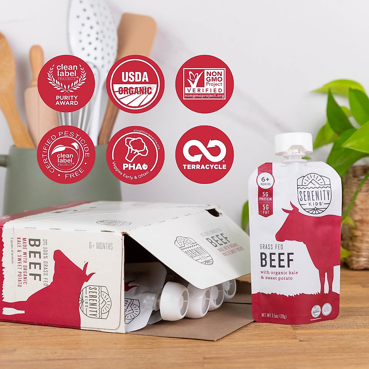 Serenity Kids 6+ Months Baby Food Pouches Puree Made With Ethically Sourced Meats & Organic Veggies | 3.5 Ounce BPA-Free Pouch | Grass Fed Beef, Kale, Sweet Potato | 1 Count