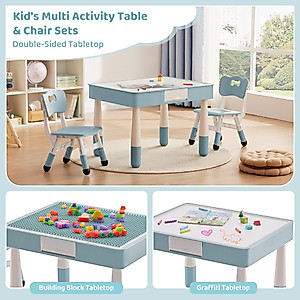 DOREROOM 4 in 1 Kids Table and 2 Chairs Set with Storage, Toddler Table and Chair Set for Kids Ages 3-10, Graffiti & Building Blocks Double-Sided Tabletop (Grayish Blue, 2 Chairs)