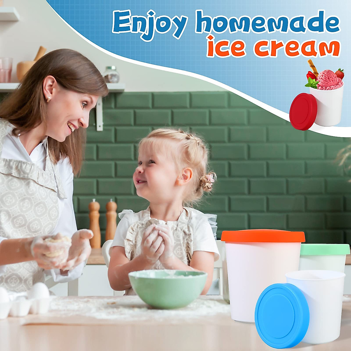 12 Pieces Ice Cream Containers Reusable Homemade Ice Cream Storage Containers with Silicone Lids 1 Quart 8.5 oz 6 oz Plastic Ice Cream Tub Assorted Freezer Storage Tubs for Yogurt Sorbet Gelato