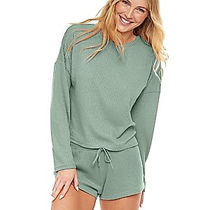 Alexander Del Rossa Women's Ribbed Waffle Knit Pajamas Set, Long Sleeve Sweater Top and Pajama Shorts Drawstring Sage S (A0878SGESM)