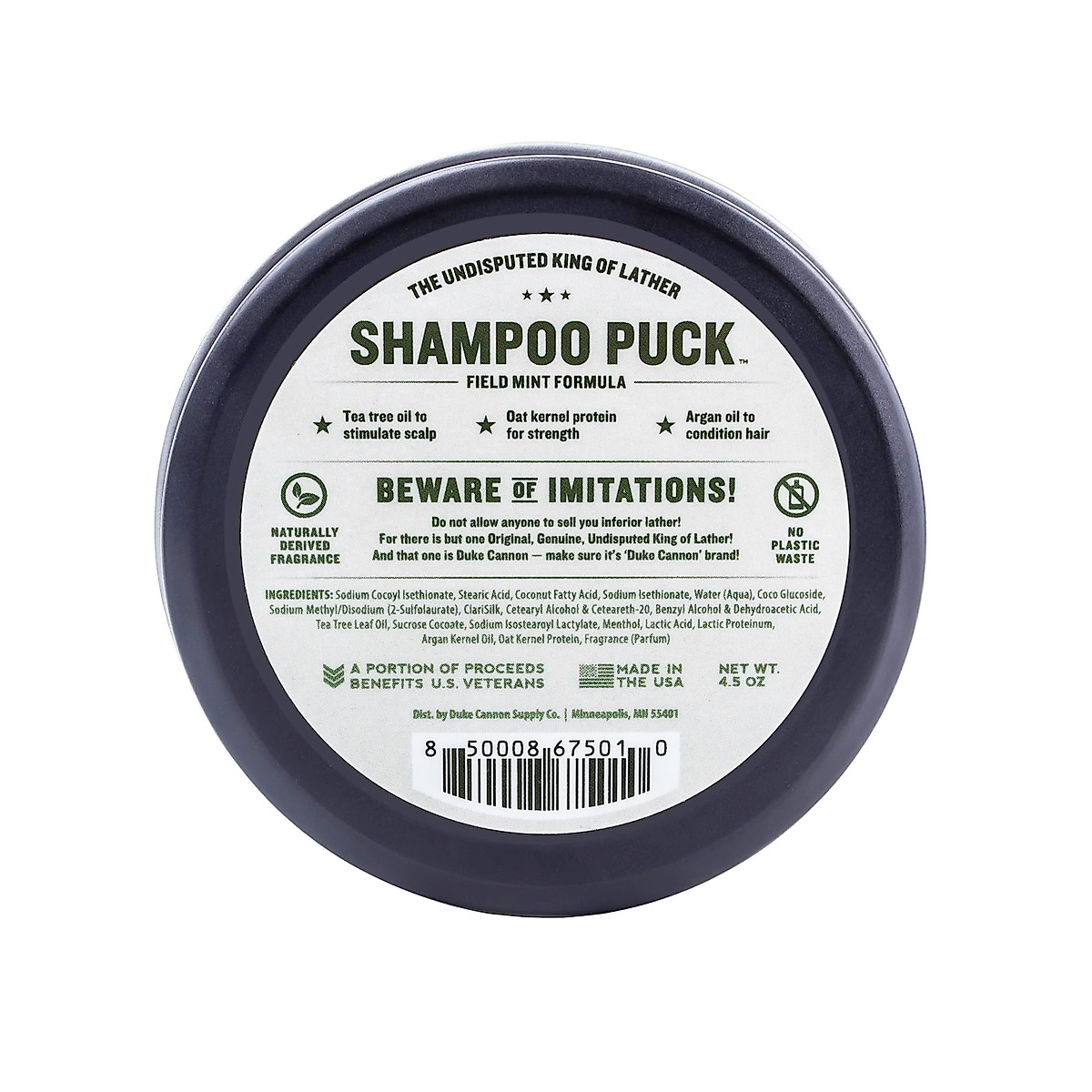 Duke Cannon Men's Shampoo Puck, Field Mint - Big Lather, Eucalyptus Peppermint Fragrance, Argan Oil & Oat Kernel Protein, 4.5 oz.