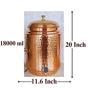 Indian Art Villa Pure Copper Hammered Design Joint Proof Water Pot/Dispenser/Container/Matka/Tank with Brass Stand, Tap & Knob, for Storage & Serving Water, Volume- 608 Oz