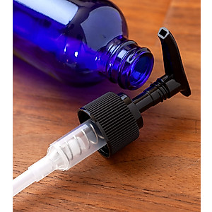 4 oz Cobalt Blue Glass Boston Round Bottle with Black Lotion Pump (12 Pack) + Funnel