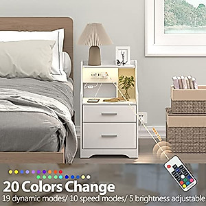 Nightstand with Charging Station & LED Lights, White Nightstand with 2 Drawers and Open Storage, Bed Side Table Night Stand for Bedroom Living Room Office, White Wood Side Table