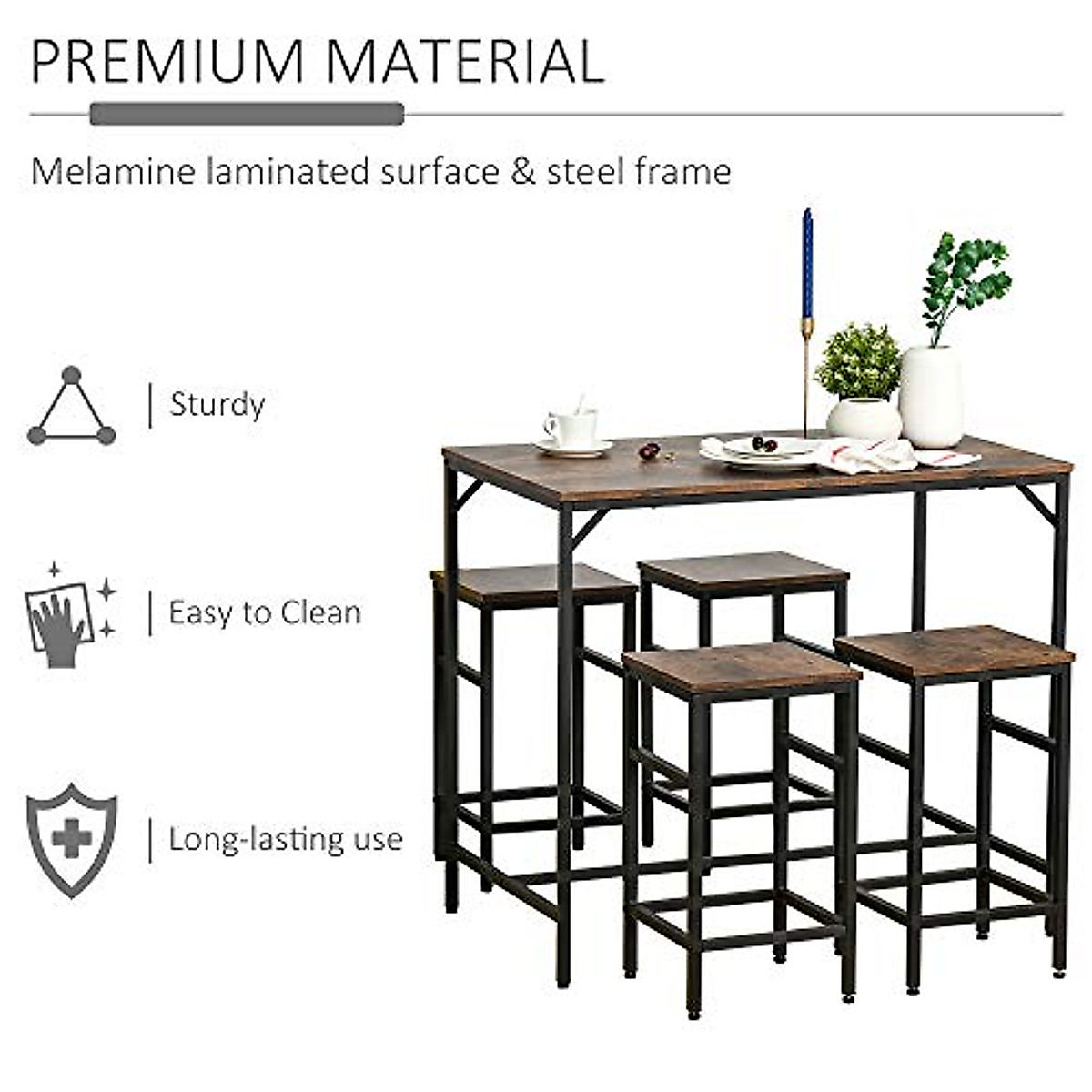 HOMCOM 5-Piece Industrial Dining Table Set, Bar Table & 4 Stools Set, Space Saving for Pub & Kitchen, Black/Brown