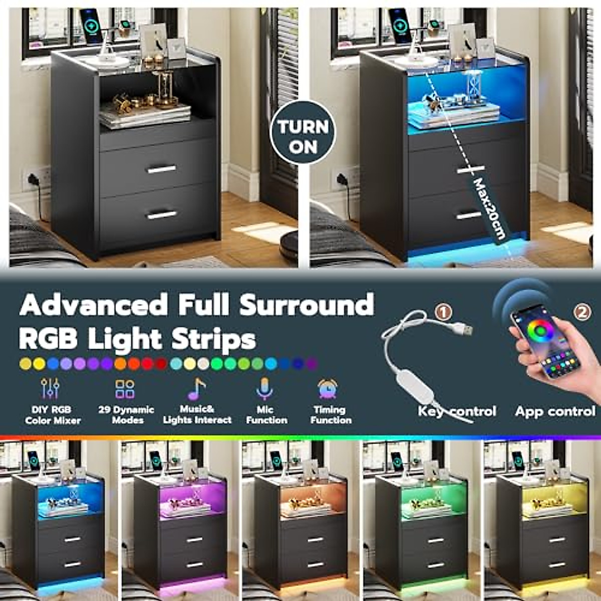 VIAGDO Nightstand with Charging Station and LED Lights, Black Night Stand with Glass Top and Storage Drawers, End Side Tables with Pull-Out Tray and USB Ports, Modern Bedside Tables for Bedroom