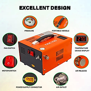 NDCYJG Pcp air compressor 4500PSI Portable PCP Compressor, 12V DC/110V AC PCP Airgun Compressor Manual-stop, w/External Power Adapter, Built-in Fan, Suitable for Paintball, Air Rifle, Scuba Bottle