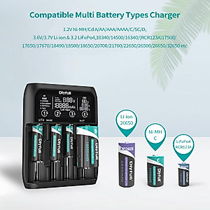 Dlyfull 18650 Battery Charger, LCD Universal Battery Charger with Discharge, Refresh and Test Functions for Ni-MH, Ni-Cd, AA, AAA, C, D, Li-ion, IMR, INR, ICR and LiFePO4 Rechargeable Batteries
