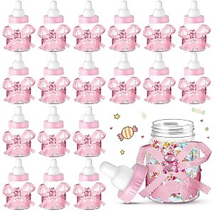 Nuenen 36 Pcs Baby Shower Bottles Baby Shower Mini Milk Bottle Plastic Bear Mini Baby Bottles for Baby Shower Candy Bottles with Ribbon for Baby Shower Favor Gift (Pink)