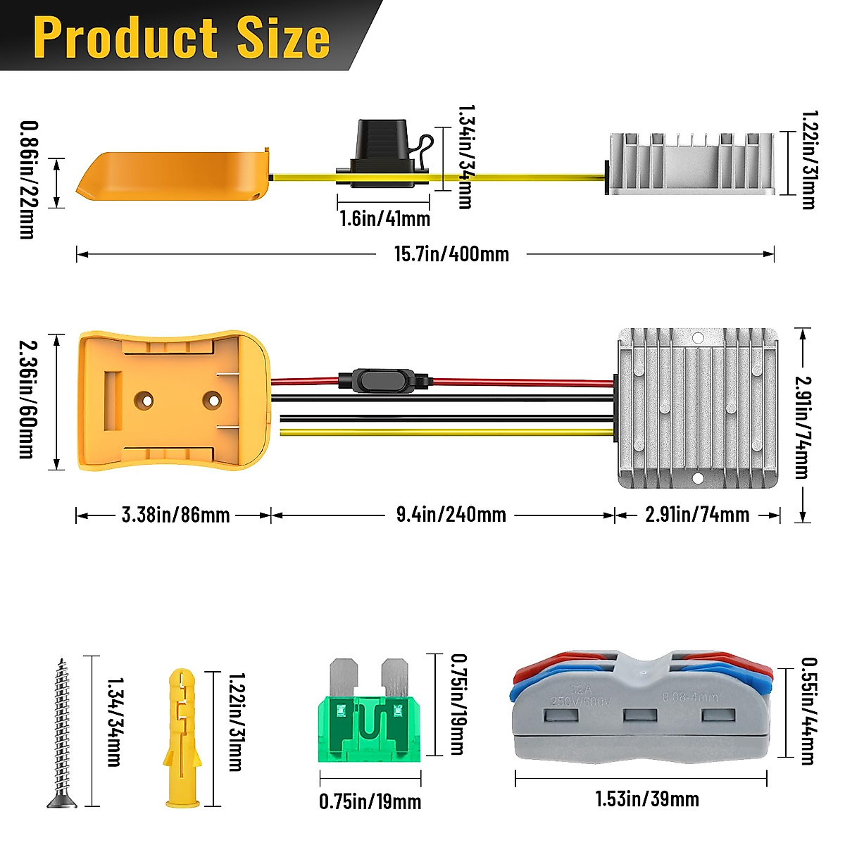 20V to 12V Step Down Converter for DeWalt 20V Power Wheels Battery Adapter, DC 12V 20A 240W Buck Converter Regulator with 30A Fuse & Wire Terminal