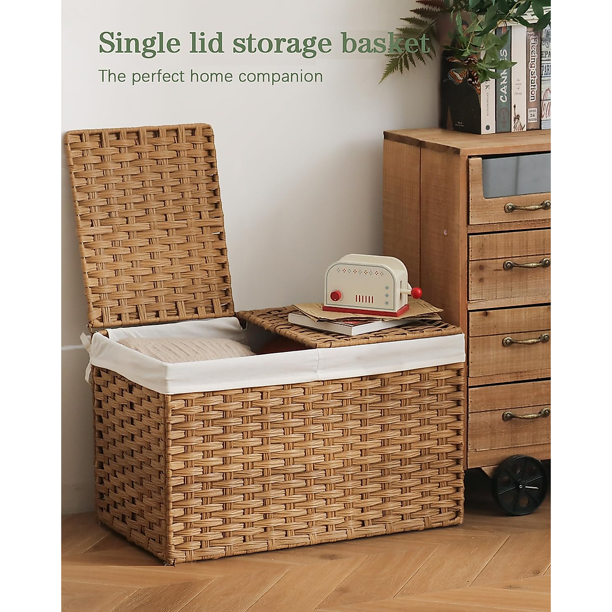 SETVSON Storage Basket with Lid Woven Storage Basket with 2 Separate Lid, 17.2 Gallon (65 L) Rattan Storage Basket Woven Storage Basket with Lid and Handles for Bedroom, Laundry Room Natural