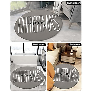 Merry Christmas Fluffy Round Area Rug Carpets 4ft, Plush Shaggy Carpet Soft Circular Rugs, Non-Slip Fuzzy Accent Floor Mat for Living Room Bedroom Nursery Home Decor Grey Xmas Winter Holiday
