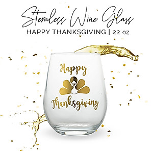 Happy Thanksgiving Stemless Wine Glass, 22oz Friendsgiving Wine Glasses, Thanksgiving Wine Glass - Perfect Friendsgiving Gift, Turkey Wine Glass, Fall Wine Glass (Happy Thanksgiving)
