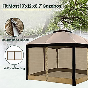 Gazebo Universal Replacement Mosquito Netting, OLILAWN 10' x 12' Outdoor Canopy Net Screen 4-Panel Sidewall Curtain, with Zippers, Easy to Install, Fit for Most Gazebo 10x12 Canopy, Khaki