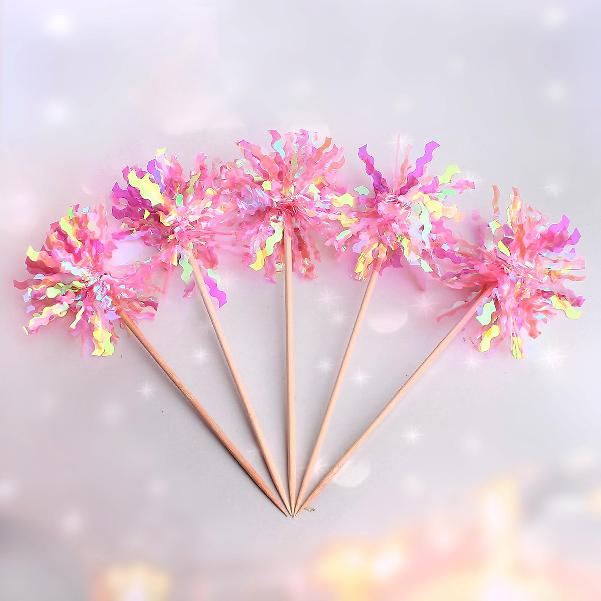 Firework Cupcake Toppers, 10 Pcs Foil Firework Birthday Cupcake Decoration Sparkle Firework Cake Topper Birthday Cupcake Topper for Graduation New Year Party Decorations (Pink)