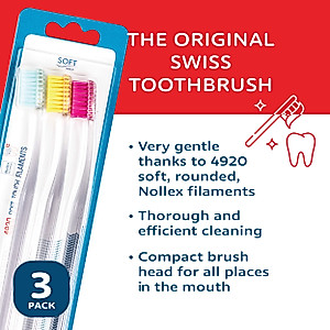 TELLO 4920 Adult Soft Swiss Toothbrush for Gentle Cleaning with Ergonomic Handle, 3 Count