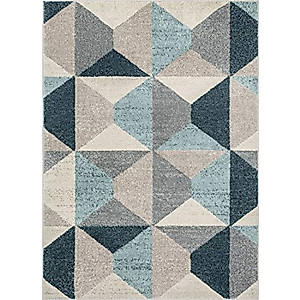 Yara Scandanavian Abstract Geometric Blue, Ivory, Grey Yellow Area Rug 5x7 (5'3" x 7'3")