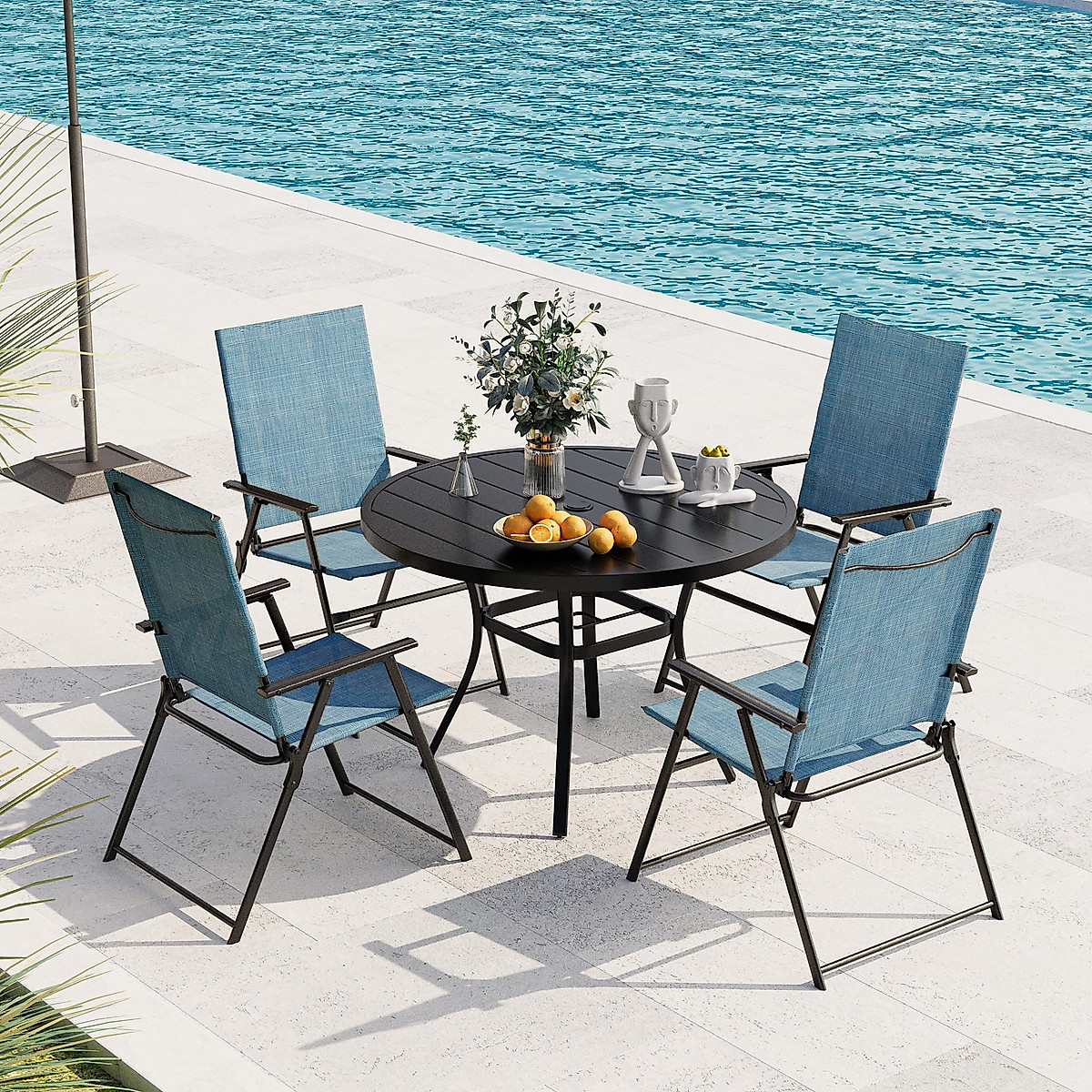 VICLLAX 4 Pieces Patio Folding Chairs, Outdoor Portable Dining Chairs for Lawn Garden and Porch, Turquoise Blue(Edge-Binding)