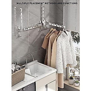 Dr.DJ Wall Hanger for Clothes, Coat Hanger Wall Mounted Silver Retractable Clothes Drying Organizer Rack Garment Hooks Aluminium Folding Indoor Wall Wall Hanger Space Save (2 Racks)