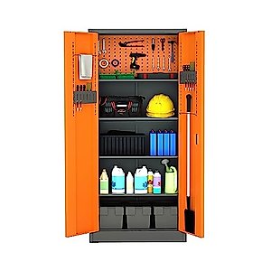 VCGGAIP Metal Storage Cabinet - Garage Storage Cabinet with 2 Doors and 4 Adjustable Shelves,Steel Lockable Garage Cabinets for Office,Home,Garage (Dark Gray and Orange, 71 Inch)