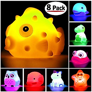 Bath Toys, 8 Pcs Light Up Floating Rubber Animal Toys Set, Flashing Color Changing Light in Water, Baby Infants Kids Toddler Child Preschool Bathtub Bathroom Shower Games Swimming Pool Party